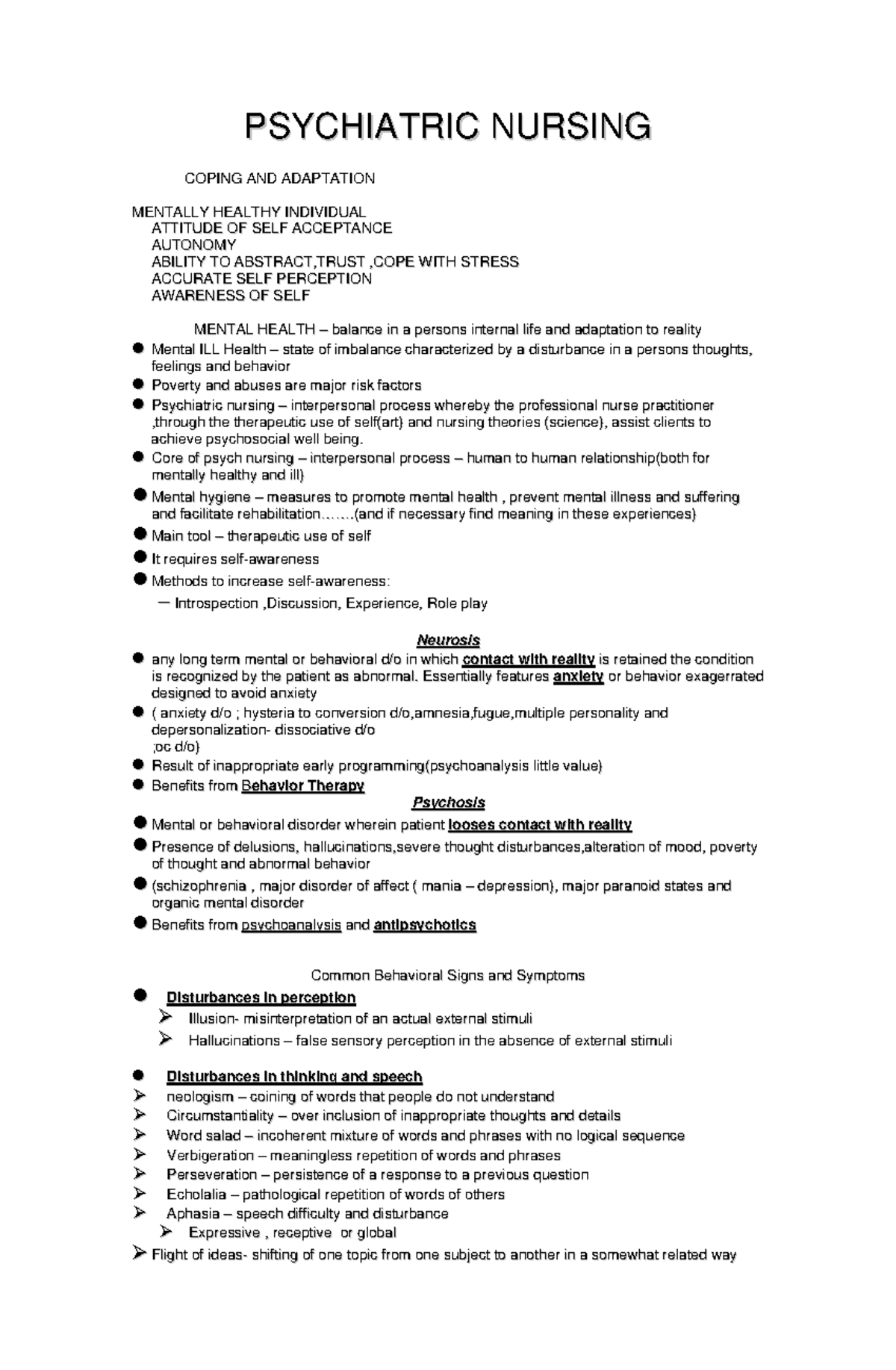 PSY 301 Psychiatric Nursing: Coping, Adaptation, and Mental Health ...