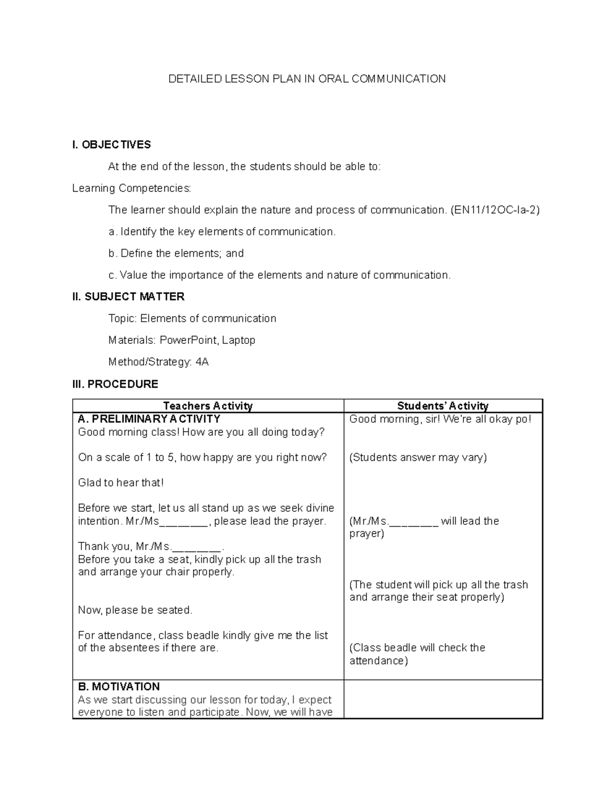 Detailed Lesson Plan on Elements of Communication (EN11/12OC-Ia-2 ...