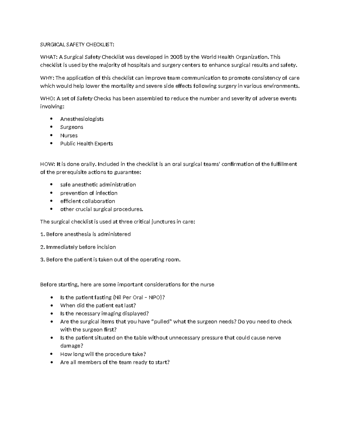 Surgical Safety Checklist: Ensuring Patient Safety in OR Settings - Studocu