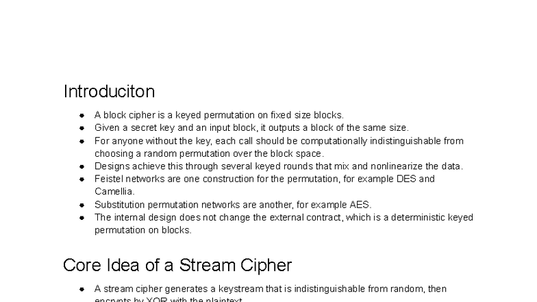 Block and Stream Ciphers: Modes of Operation & Security (CS101) - Studocu