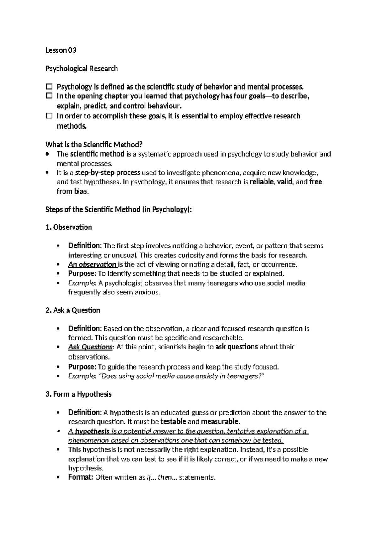 HB Lesson 03: Understanding the Scientific Method in Psychology - Studocu