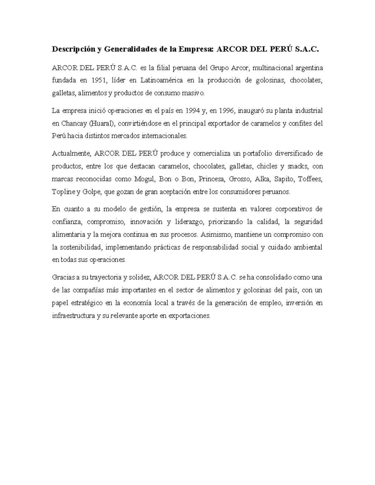 Descripción y Generalidades de ARCOR DEL PERÚ S.A.C. - Studocu