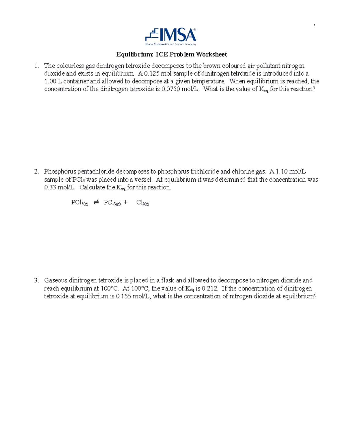 Equilibrium ICE Problems Worksheet: Practice Questions and Solutions ...