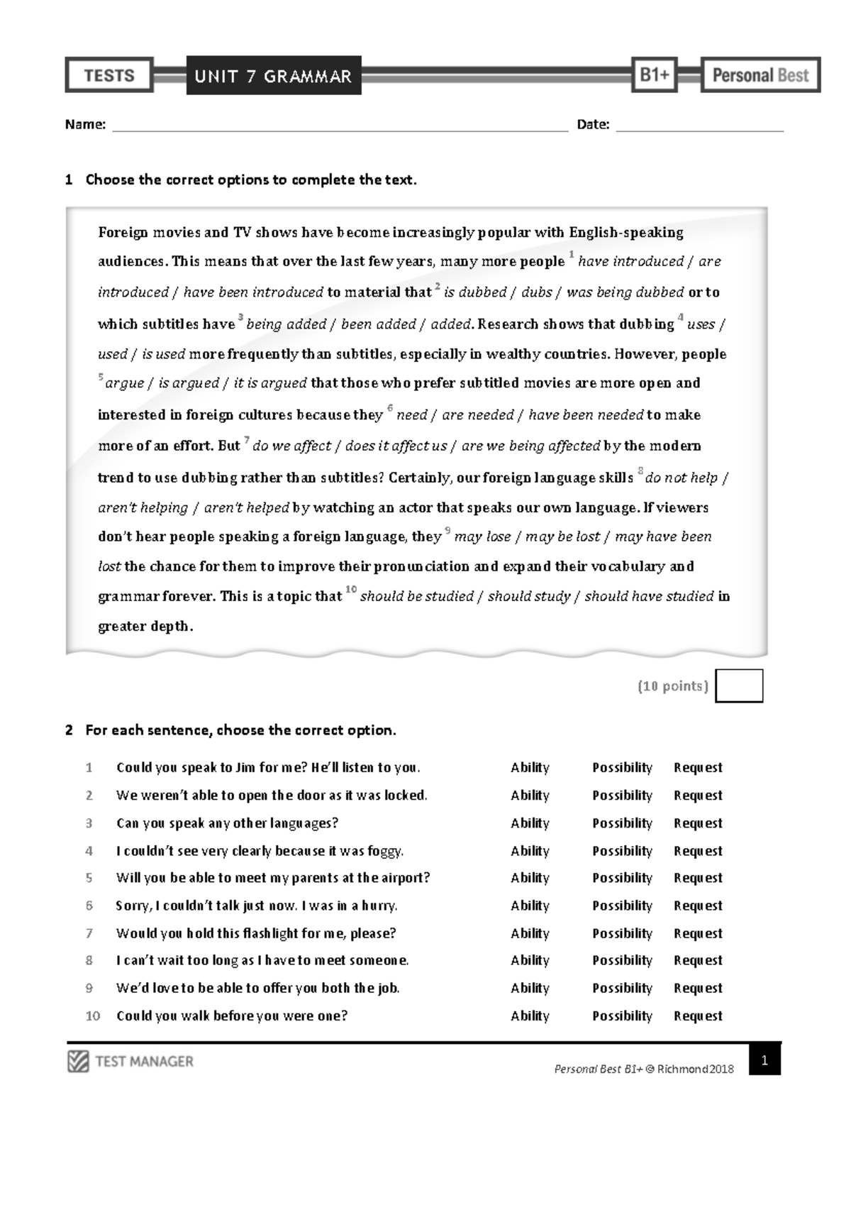 Personal Best B1 Unit 7 Grammar Test With Answers And Exercises Studocu