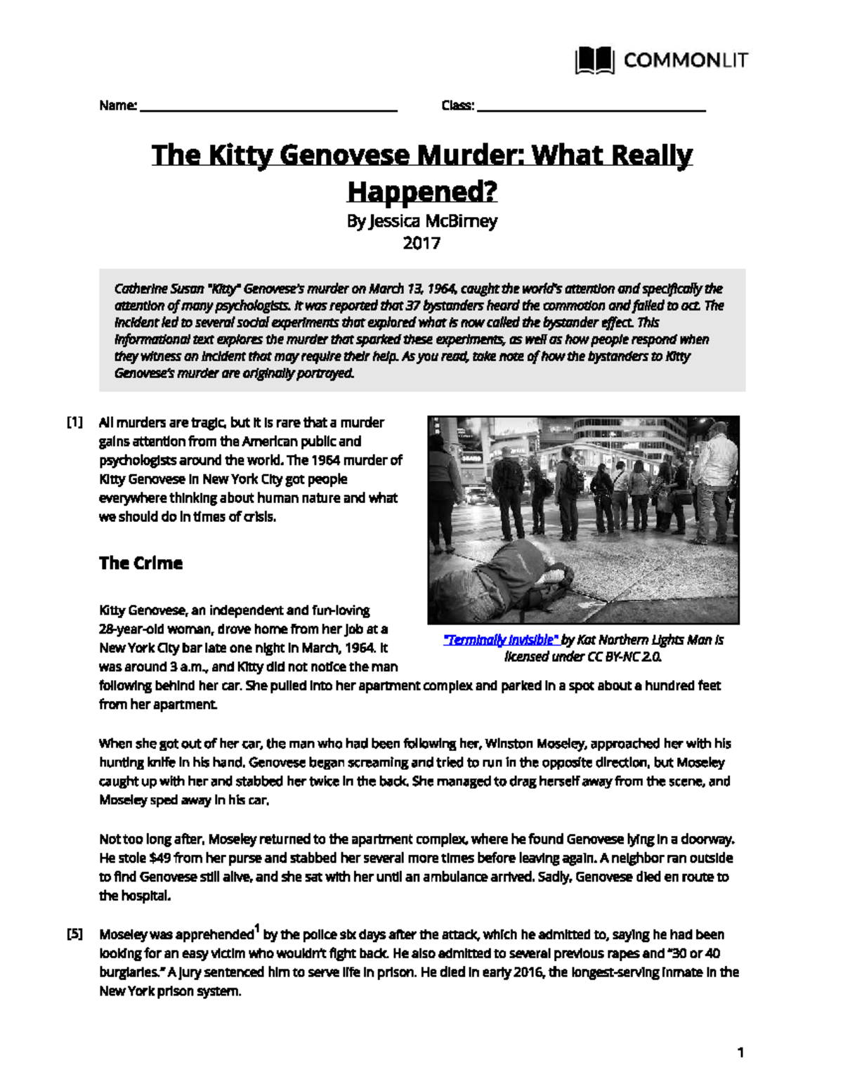 Kitty Genovese - This covers the required reading - COMMONLIT Name ...