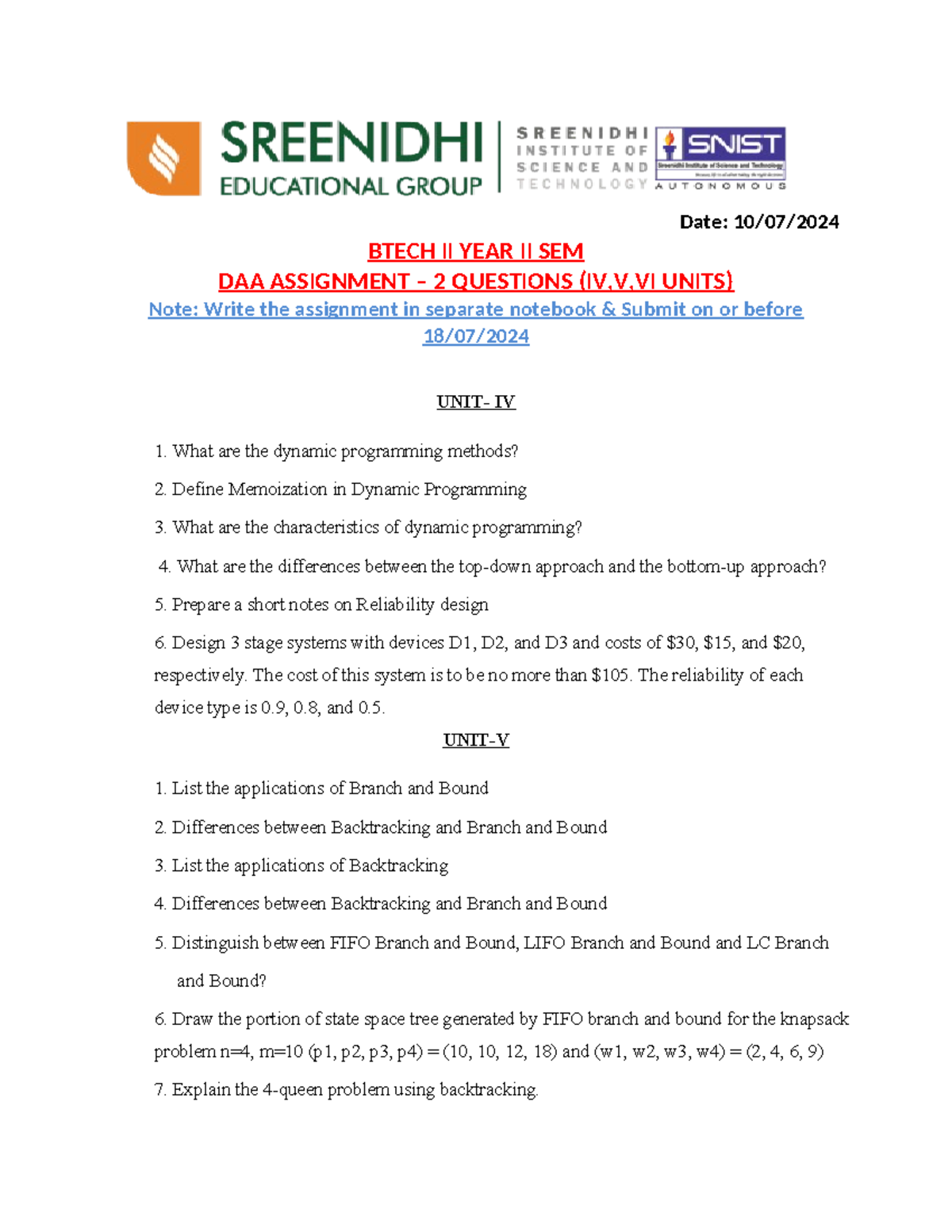 DAA Assignment-2: Dynamic Programming & Backtracking Concepts - Studocu