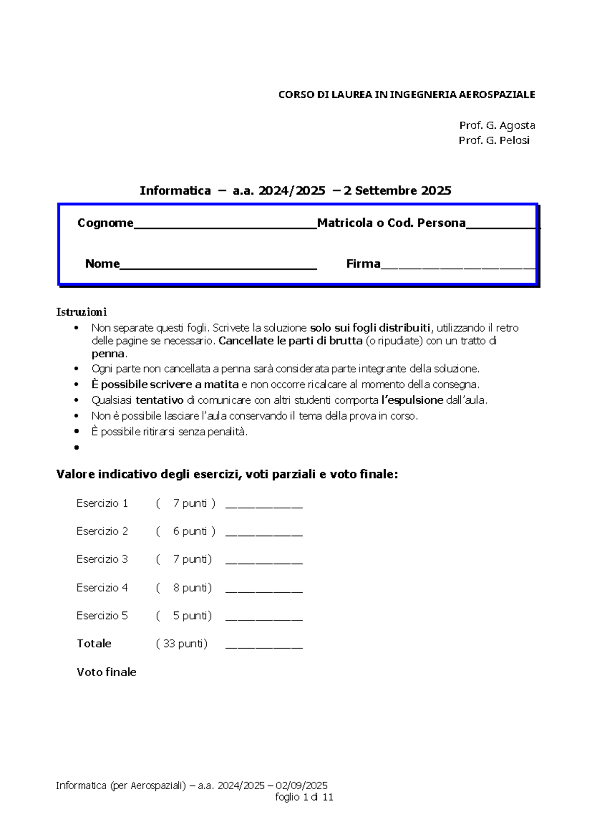 Soluzioni Esercizi Informatica (per Aerospaziali) a.a. 2025/09/02 - Studocu