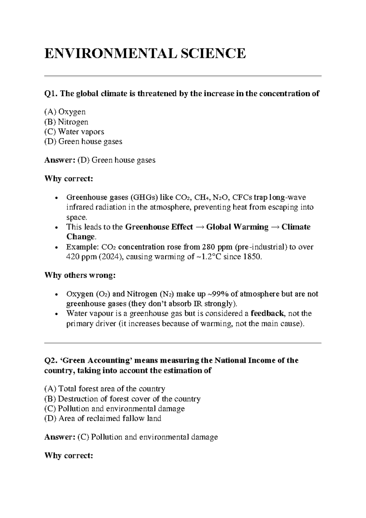 ENVIRONMENTAL SCIENCE Q1: Solved Questions and Answers - Studocu