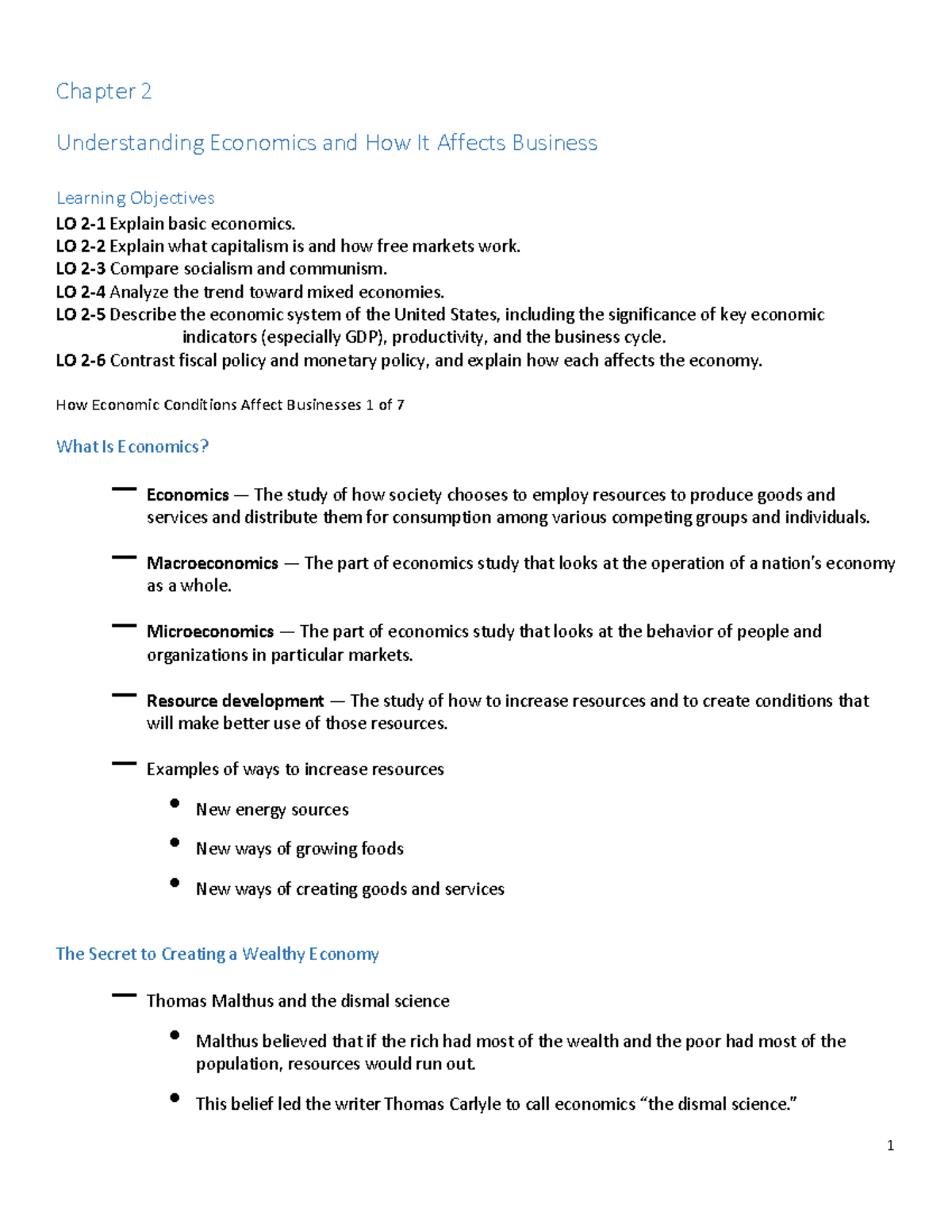 BUS9 Chapter 2 Outline - Chapter 2 Understanding Economics and How It ...