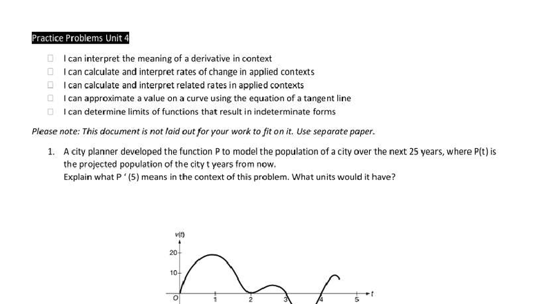 Unit 4 Review: Derivatives, Rates of Change & Particle Motion - Studocu