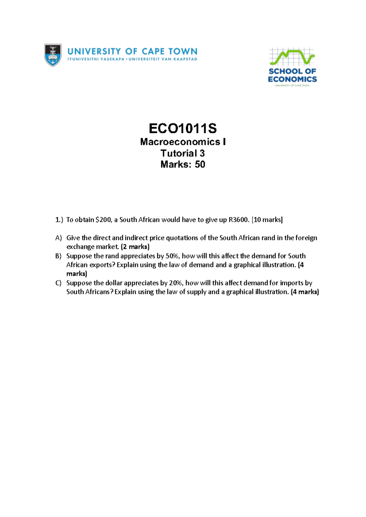 ECO1011S Macroeconomics I Tutorial 3 Memo: Exchange Rates & Current ...