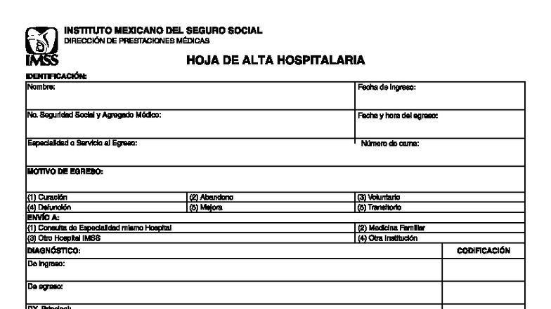 Hoja de Alta Hospitalaria IMSS 2E10 - 009 - 013 - Studocu