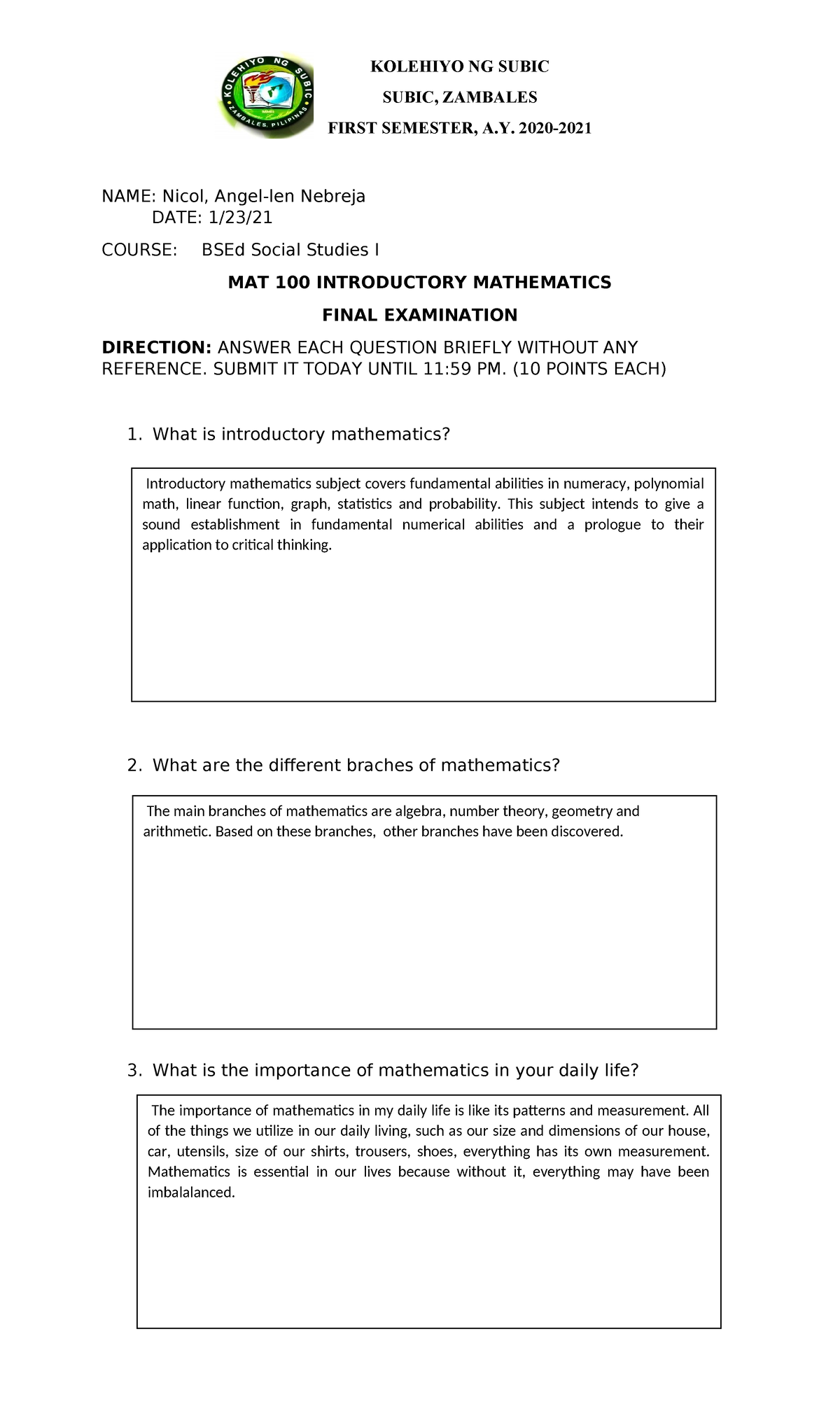BSEd Social Studies I MAT 100 Introductory Mathematics Final Exam - Studocu