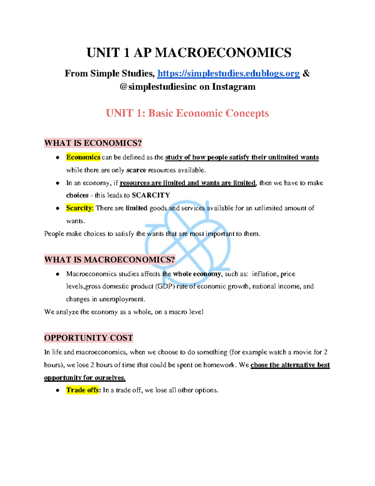 AP MACROECONOMICS UNIT 1: Basic Economic Concepts Overview - Studocu