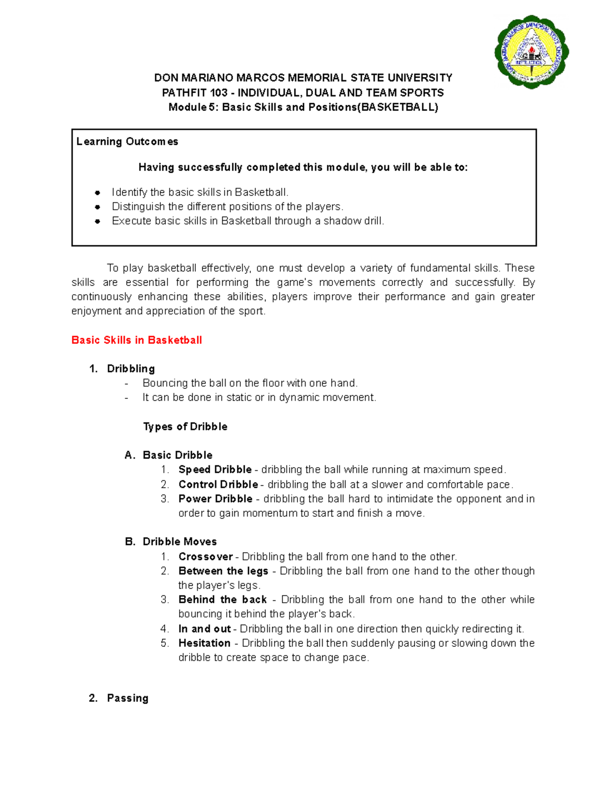 PATHFIT 103 Module 5: Basic Skills & Positions in Basketball - Studocu