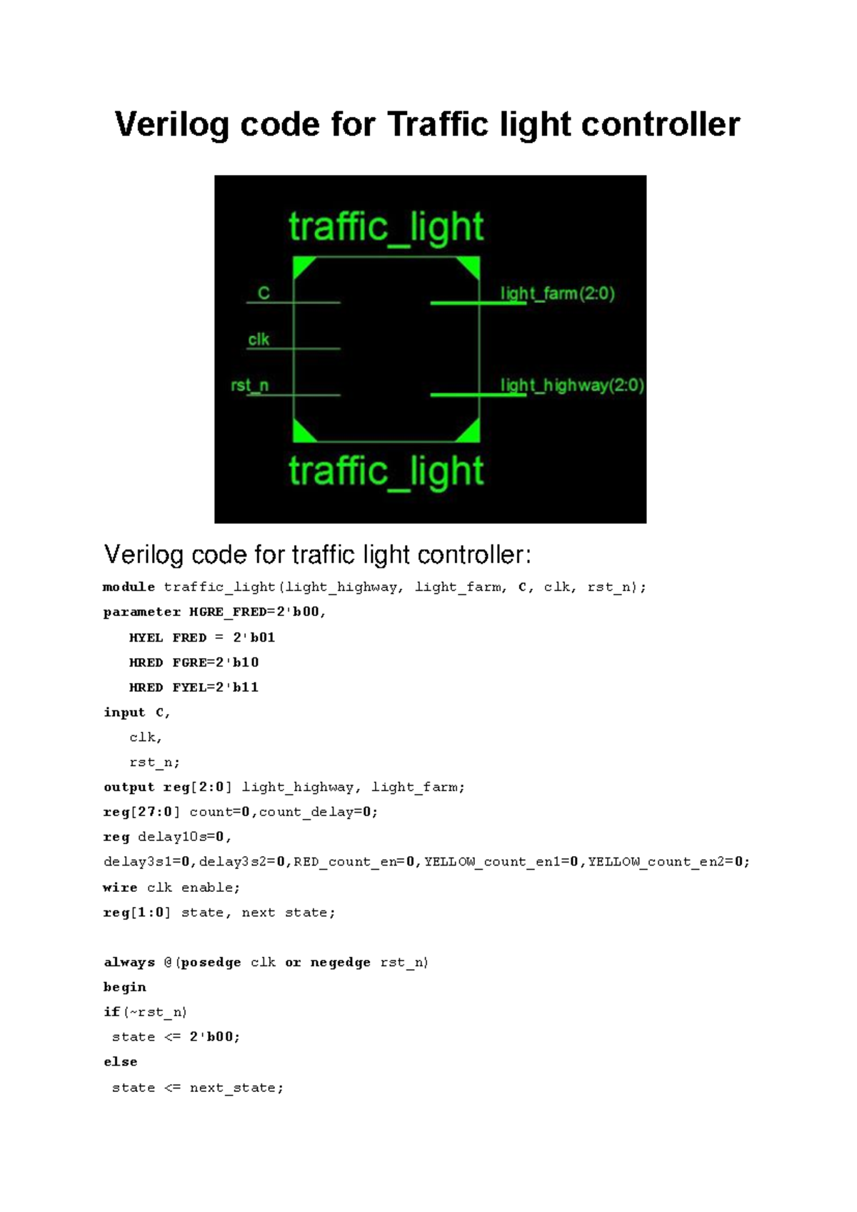 Verilog code for Traffic light controller - Studocu