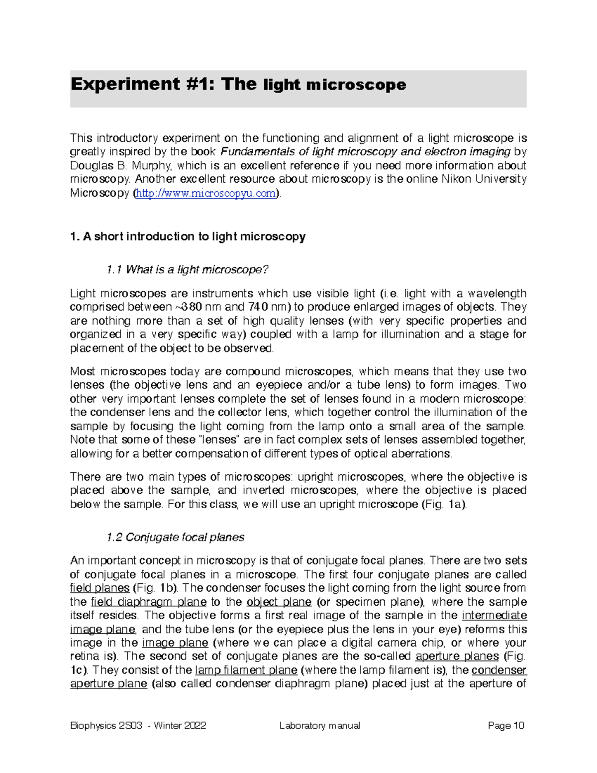 Lab Manual 2S03 - Biophysics Experiment 1: Light Microscope Overview ...