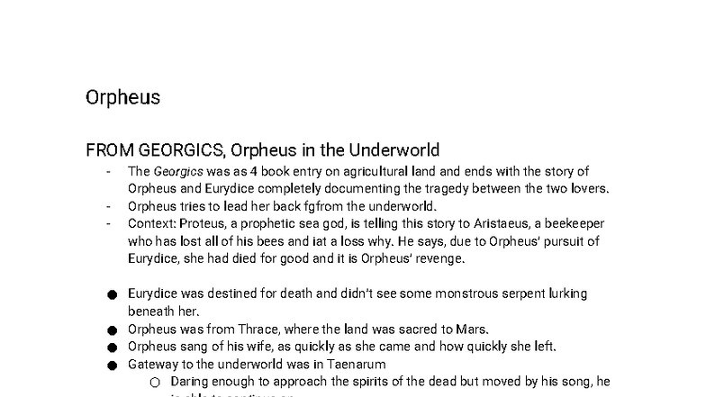 Orpheus and Eurydice: A Tragic Tale from Georgics (ENG 101) - Studocu