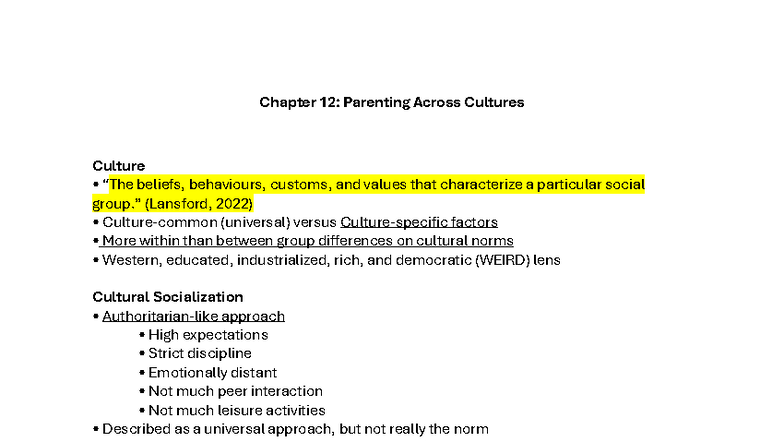 Chapter 12: Parenting Across Cultures - Study Notes (PSY 202) - Studocu