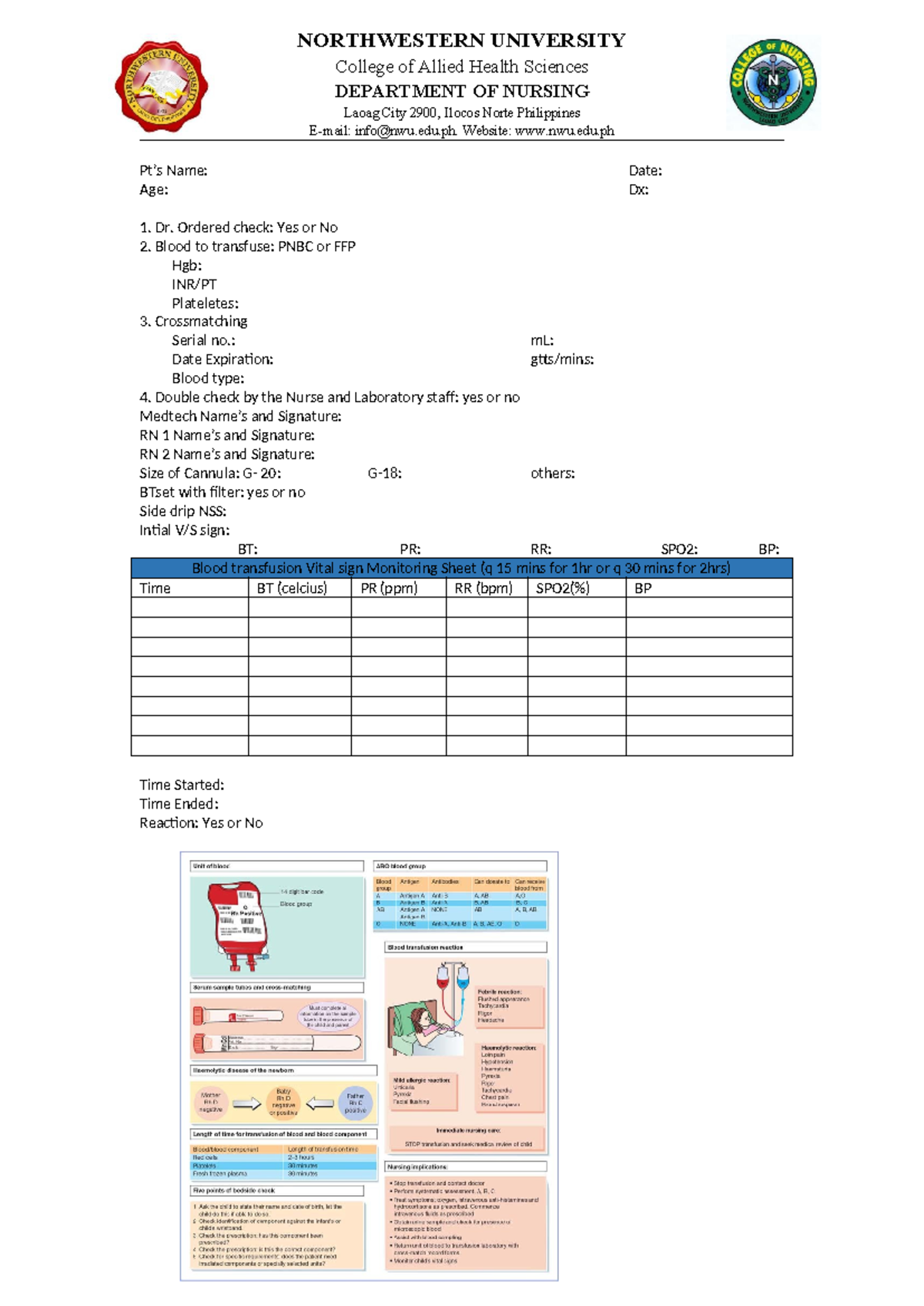Blood Transfusion Checklist for Nursing Protocols - Studocu