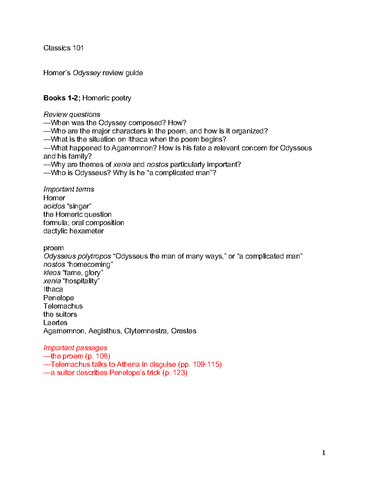 Classics 101: Comprehensive Review Guide for Homer's Odyssey (Books 1 ...