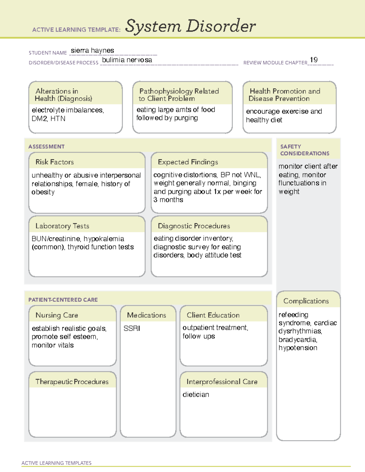 ACTIVE LEARNING TEMPLATE: Bulimia Nervosa - System Disorder Review ...