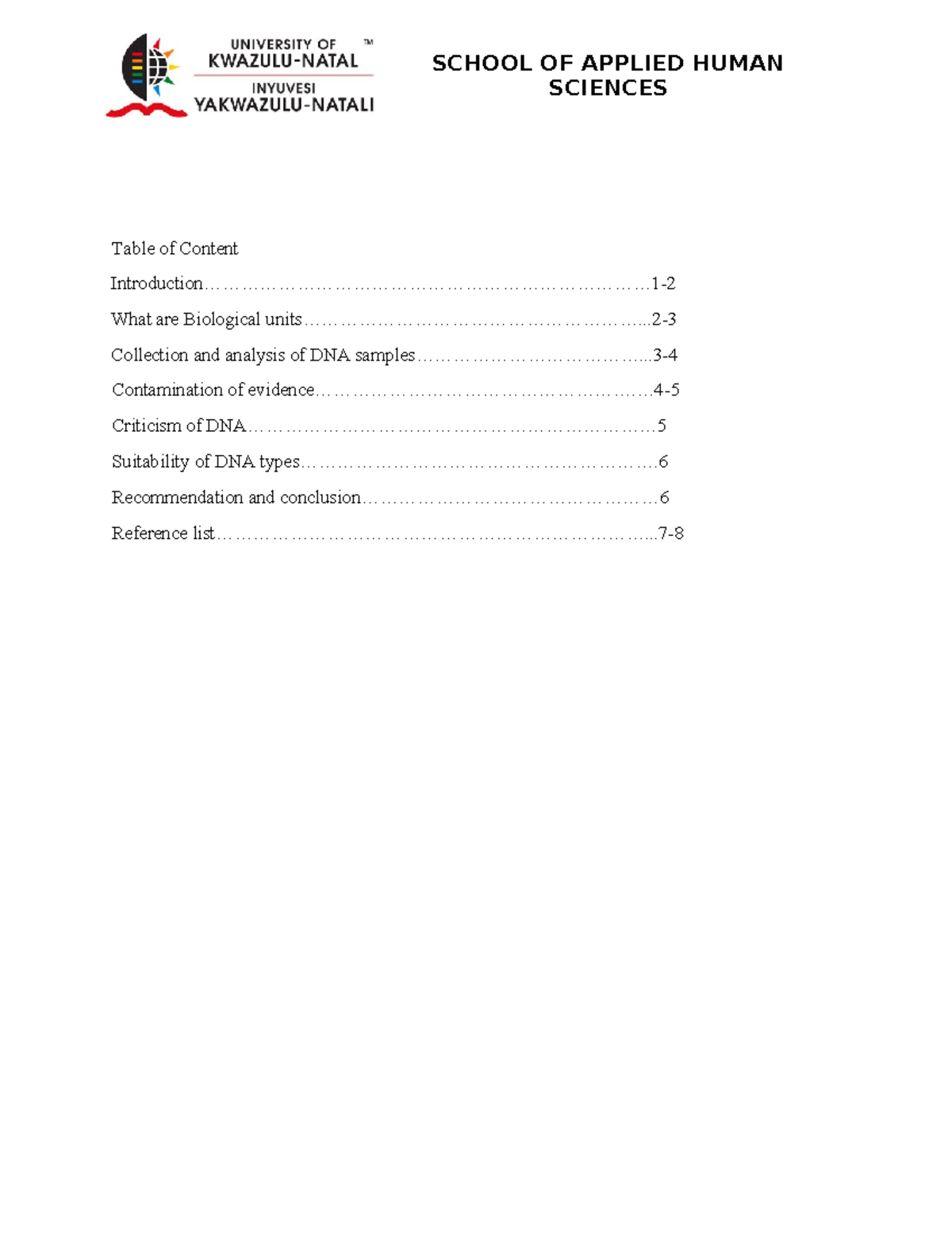 CFSD 201 Assignment 1 - Table of Content - Studocu