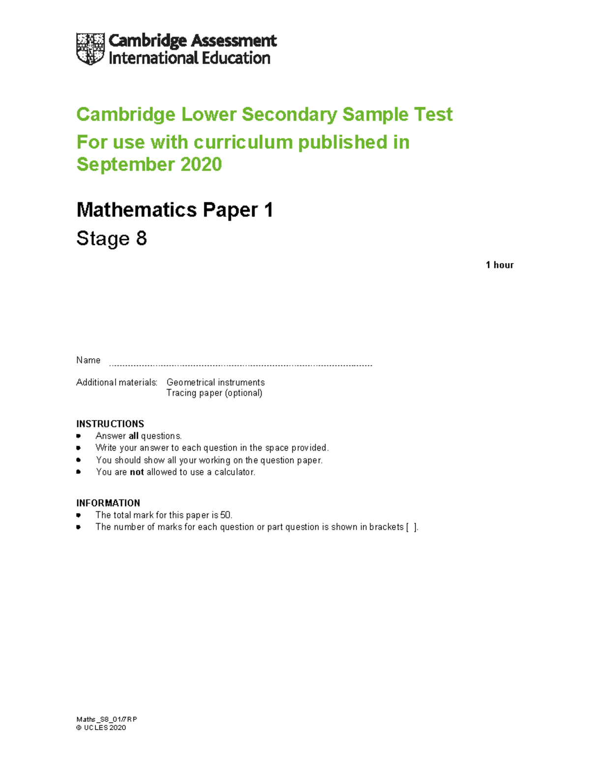 Stage 8 Mathematics Paper 1 Sample Test 2020 - Studocu