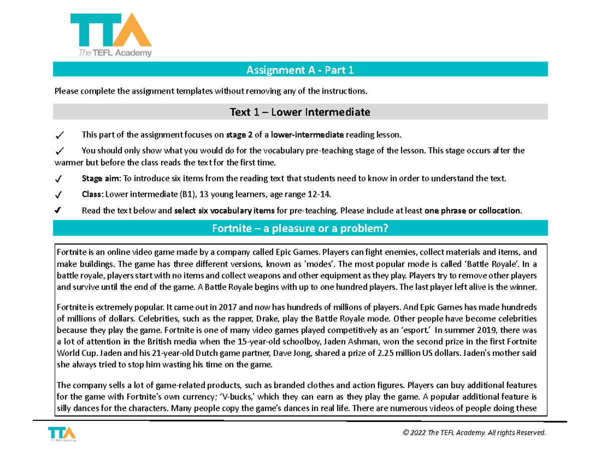Assignment A: Vocabulary and Reading Lesson Plans for TEFL (B1, B2, A1 ...