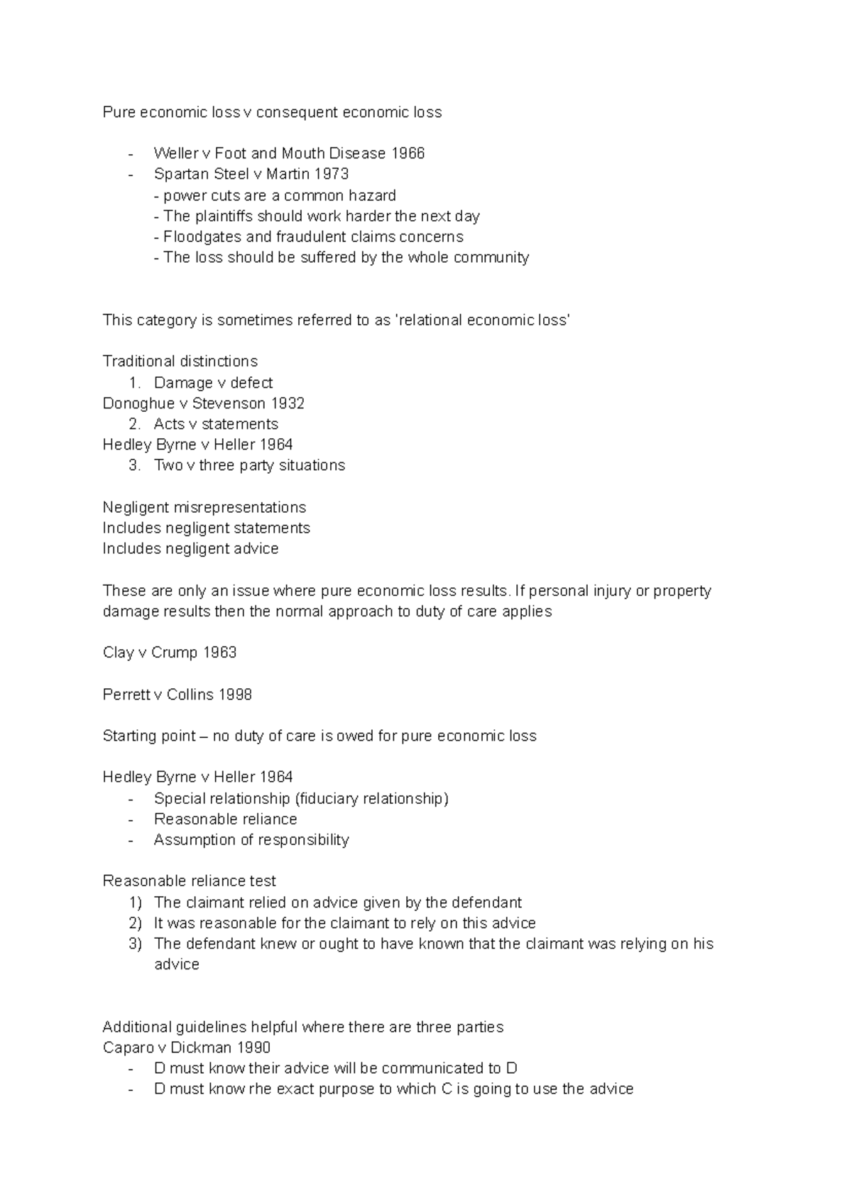 Pure economic loss - Law notes by chapter - Pure economic loss v ...