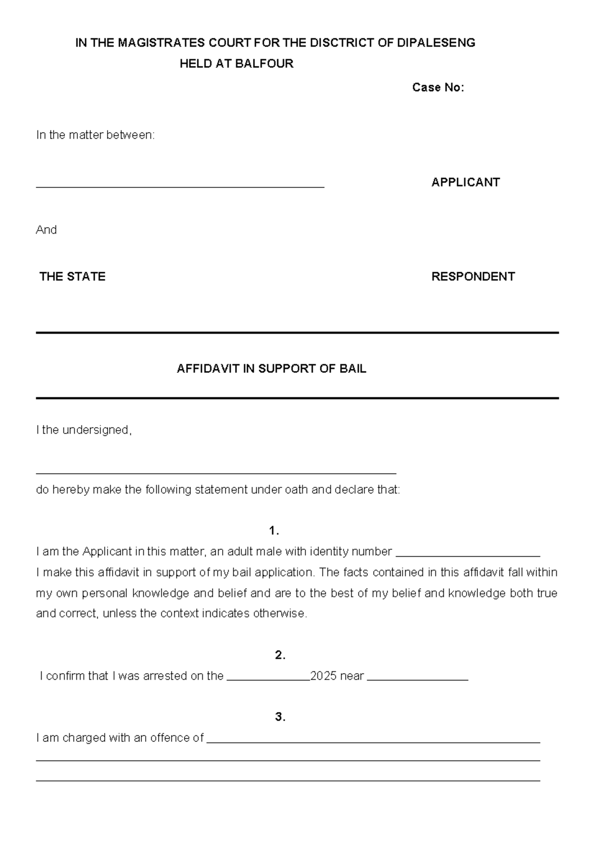 Bail Application Affidavit - Case No: DIPALESENG 2025 - Studocu