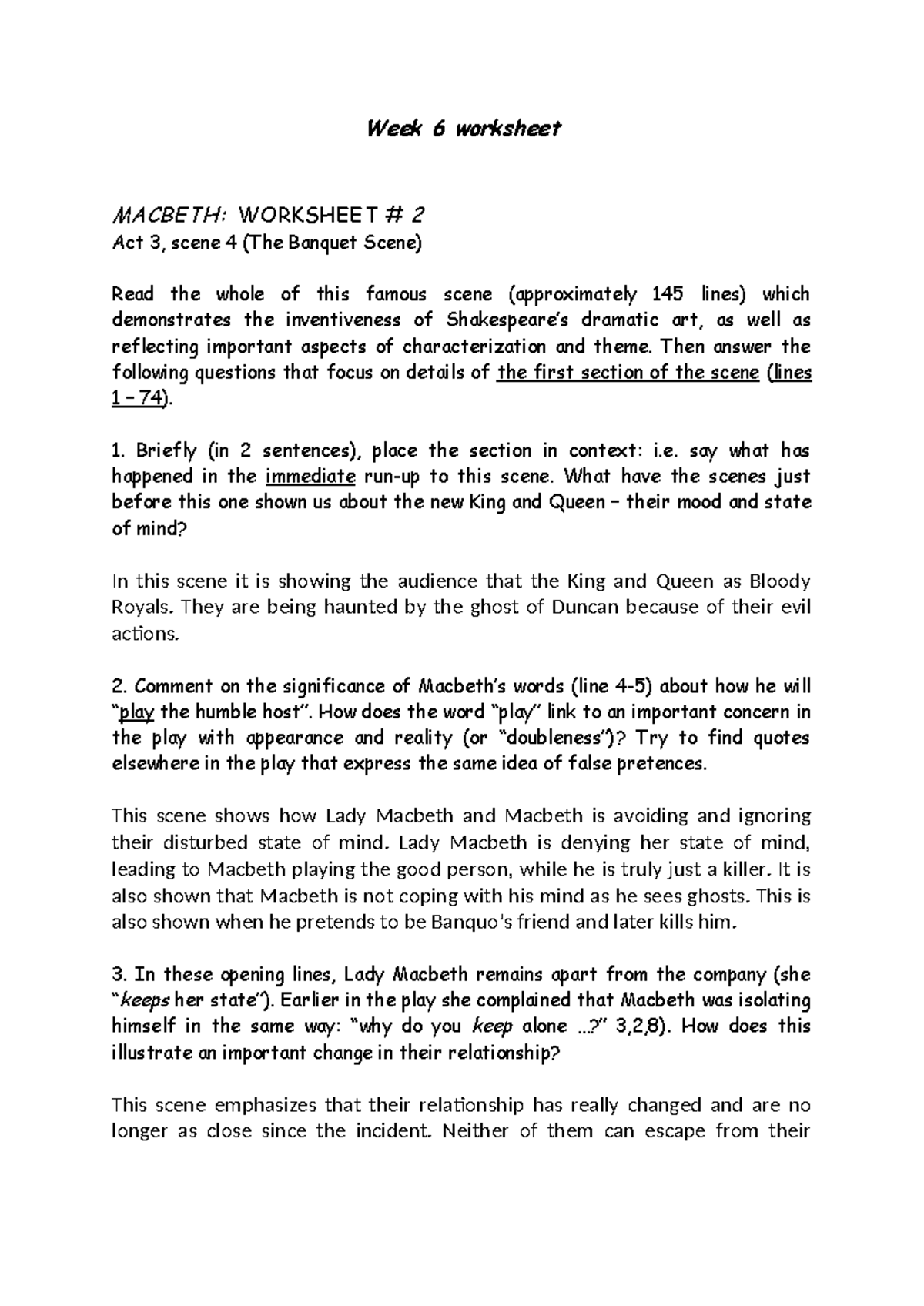 Week 6 Worksheet: MACBETH Act 3, Scene 4 Analysis - Studocu