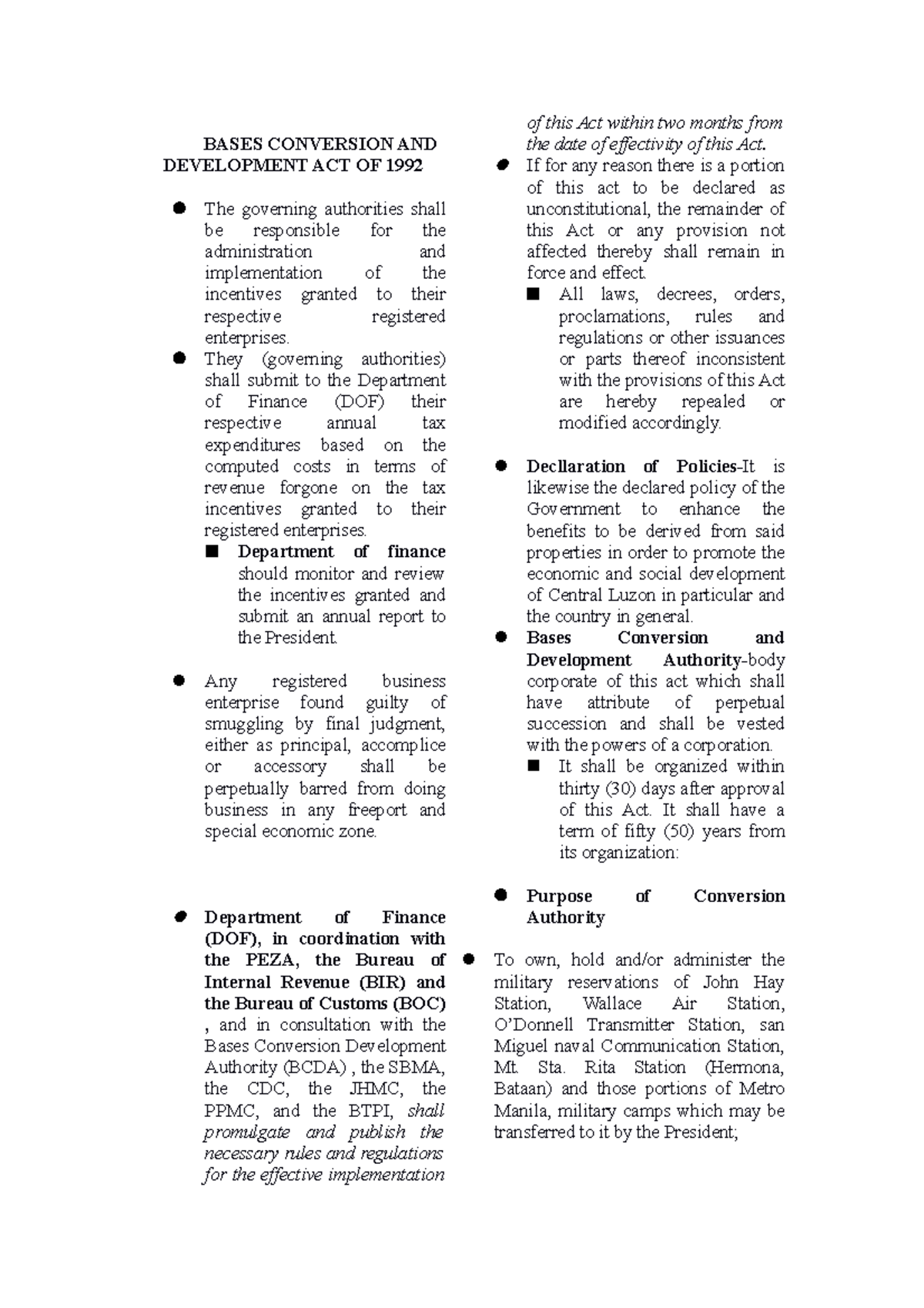 Acctg 4220 Bases Conversion AND Development ACT - BASES CONVERSION AND DEVELOPMENT ACT OF 1992 ...