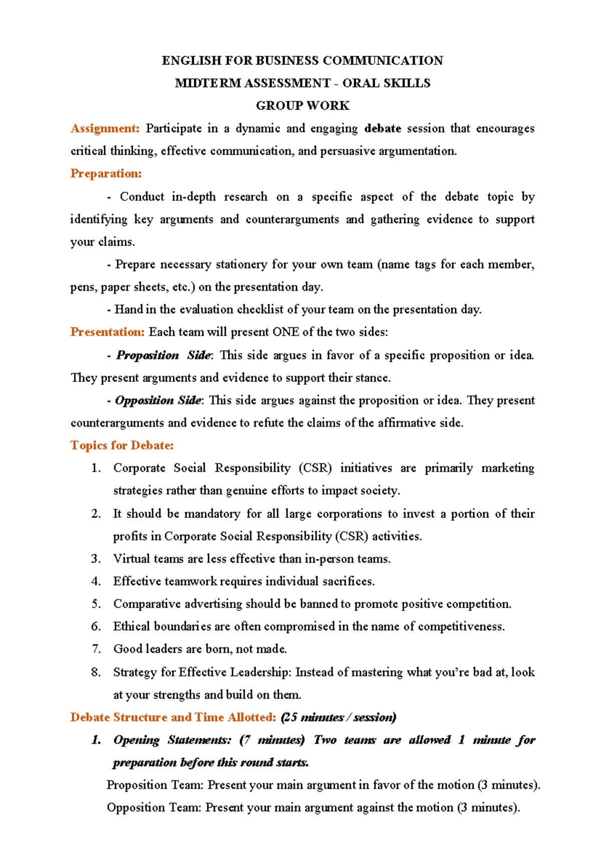 ENGLISH FOR BUSINESS COMMUNICATION (ENGL101) MIDTERM DEBATE TEST Guide ...