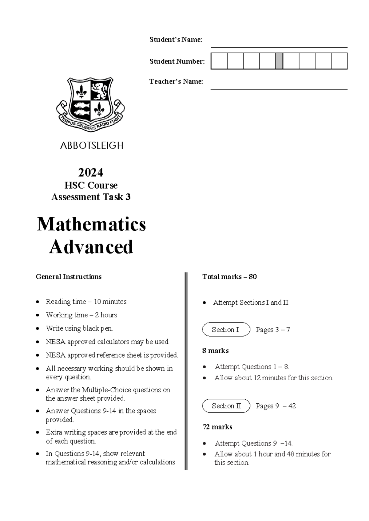 AT Task 3: Advanced Mathematics Year 12 2024 Assessment - Studocu