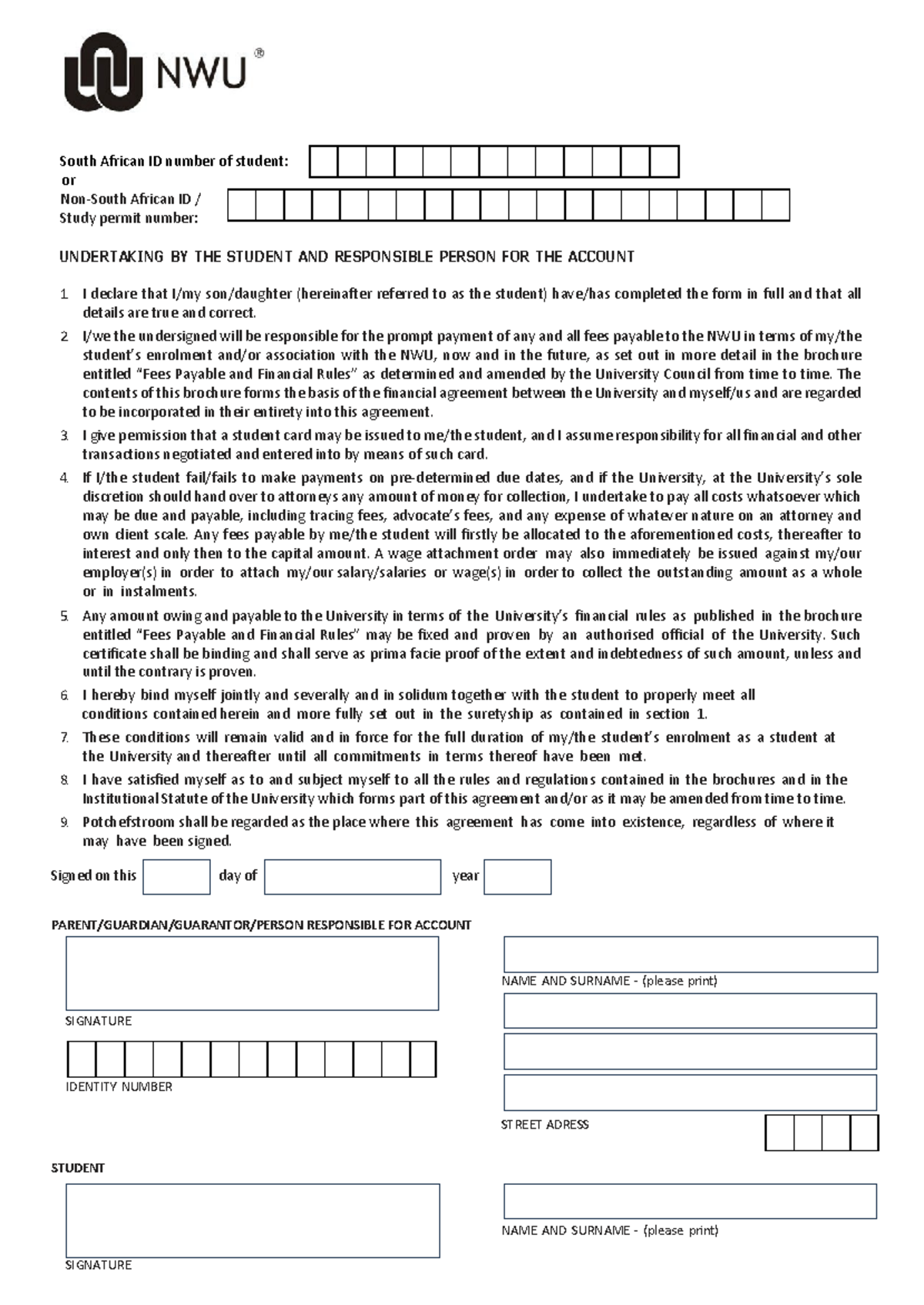 NWU Financial Undertaking Agreement 2025 for Student Responsibilities ...