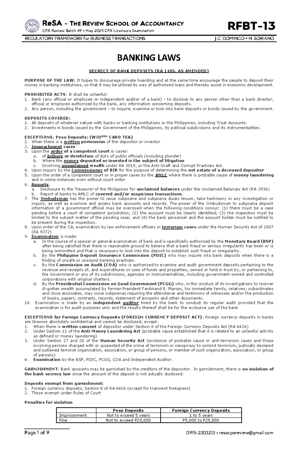 ReSA CPA Review Batch 49: Banking Laws & Regulations Overview - Studocu