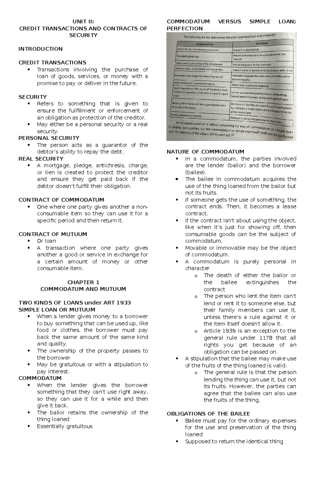 UNIT II: Credit Transactions & Contracts - Commodatum vs. Mutuum - Studocu
