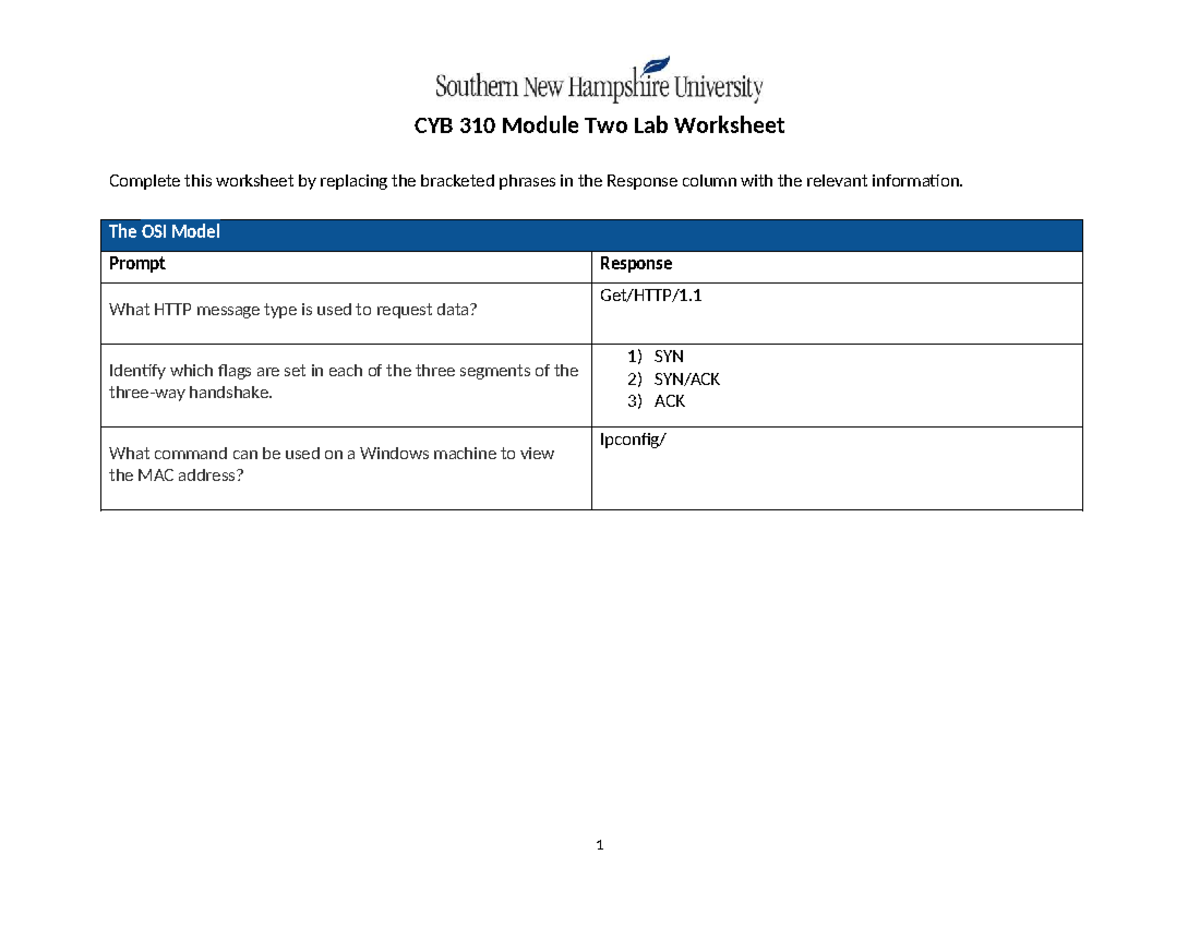 CYB 310 Week 2 Lab Worksheet on OSI Model and Network Protocols - Studocu