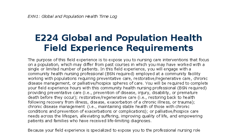 E224 Global & Population Health Field Experience Log Requirements - Studocu