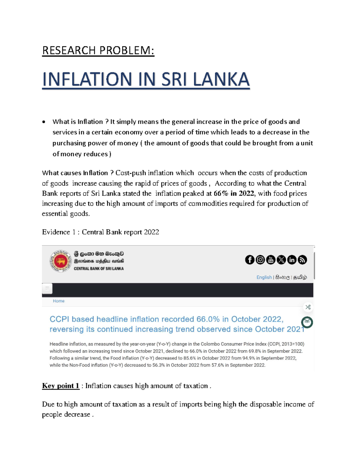 RESEARCH PROBLEM: INFLATION IN SRI LANKA - CAUSES & IMPACTS - Studocu