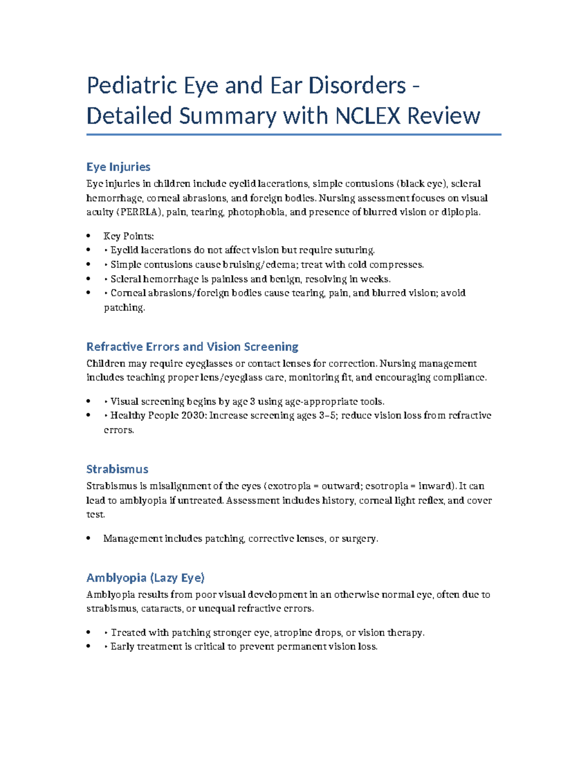 Pediatric Eye & Ear Disorders Summary with NCLEX Review - Studocu