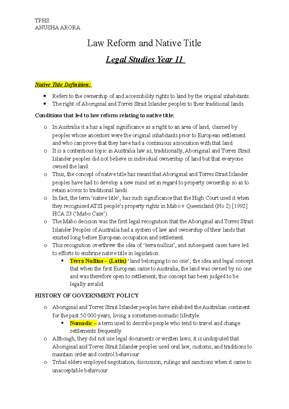 TPHS ANUSHA ARORA Year 11 Legal Studies: Law Reform & Native Title ...