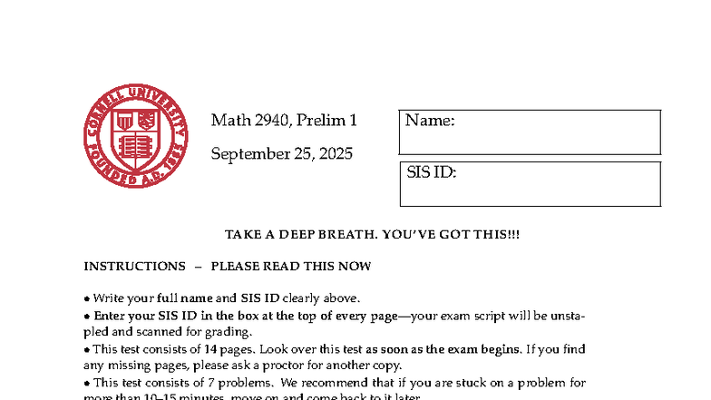 MATH 2940 Prelim 1 Study Guide - September 25, 2025 - Studocu