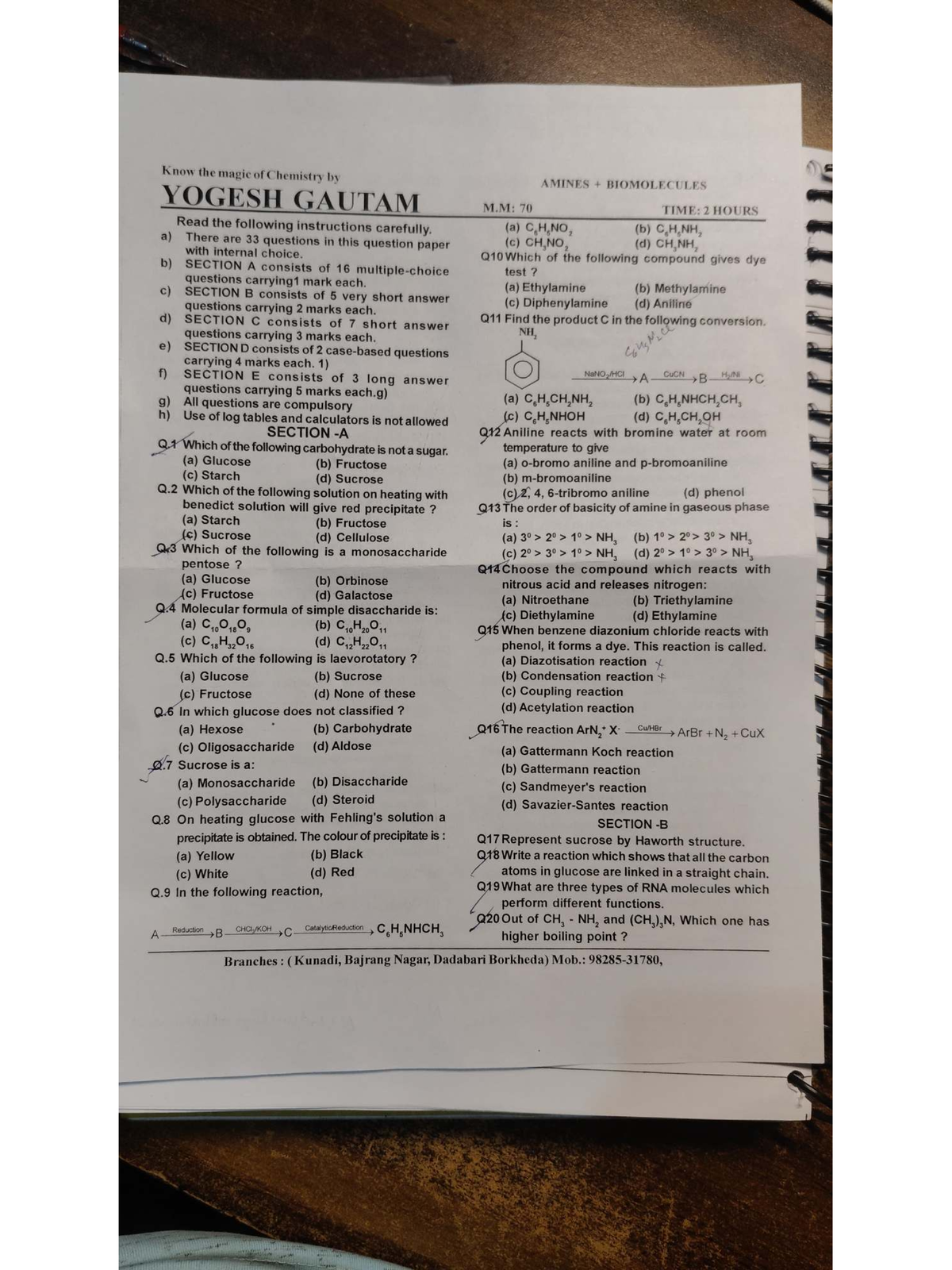 Amines Practice Questions for Chemistry Exam (M.M: 70, 2 Hours) - Studocu