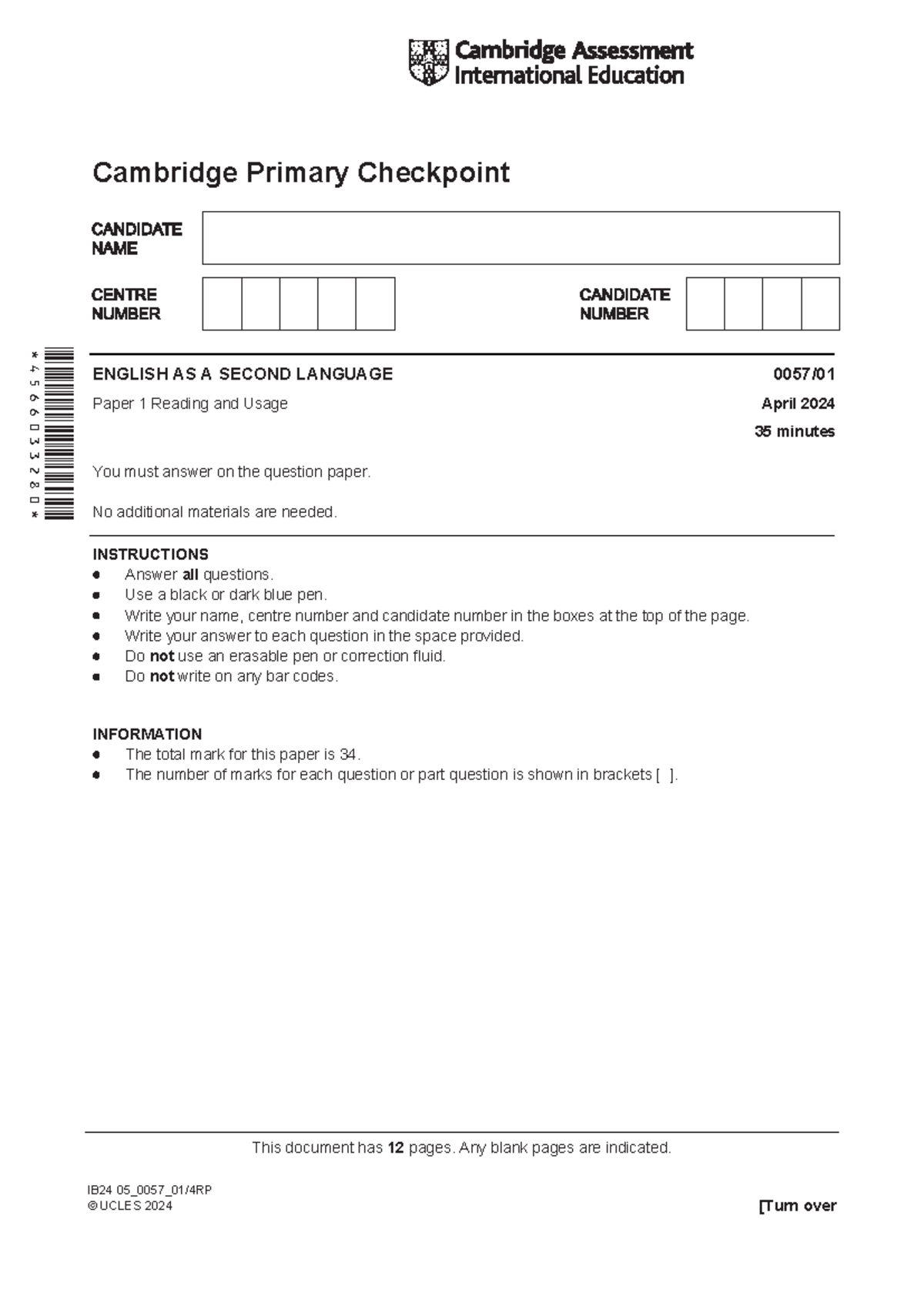 Cambridge Primary Checkpoint ESL Paper 1 Reading & Usage May 2024 - Studocu