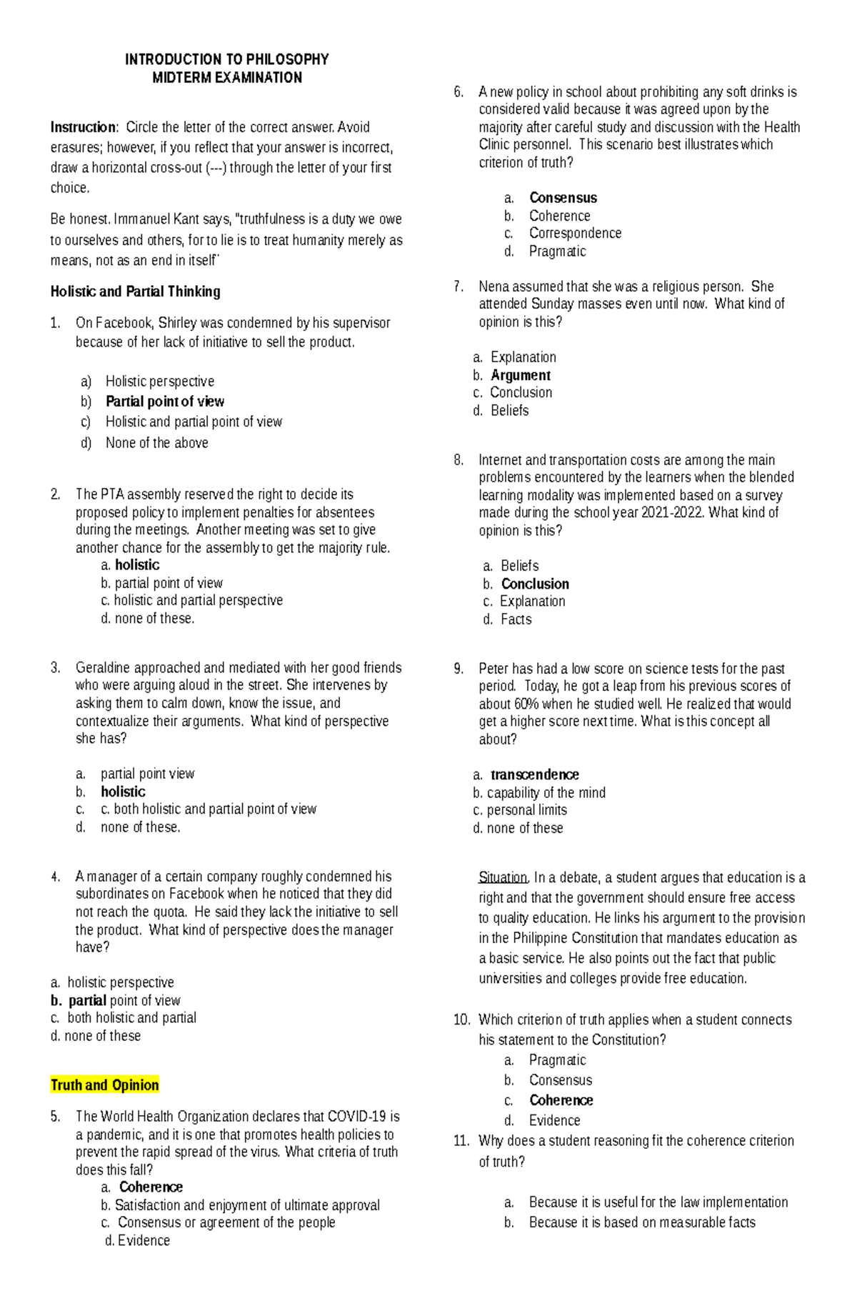 INTRODUCTION TO PHILOSOPHY MIDTERM EXAM QUESTIONS & ANSWERS - Studocu