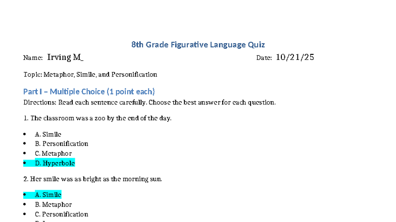 8th Grade Figurative Language Quiz: Metaphor, Simile, Personification ...