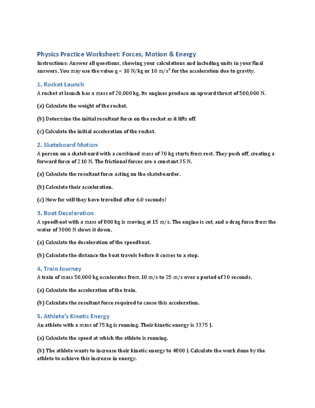 Igcse Physics Worksheet: Forces, Motion & Energy Practice - Studocu
