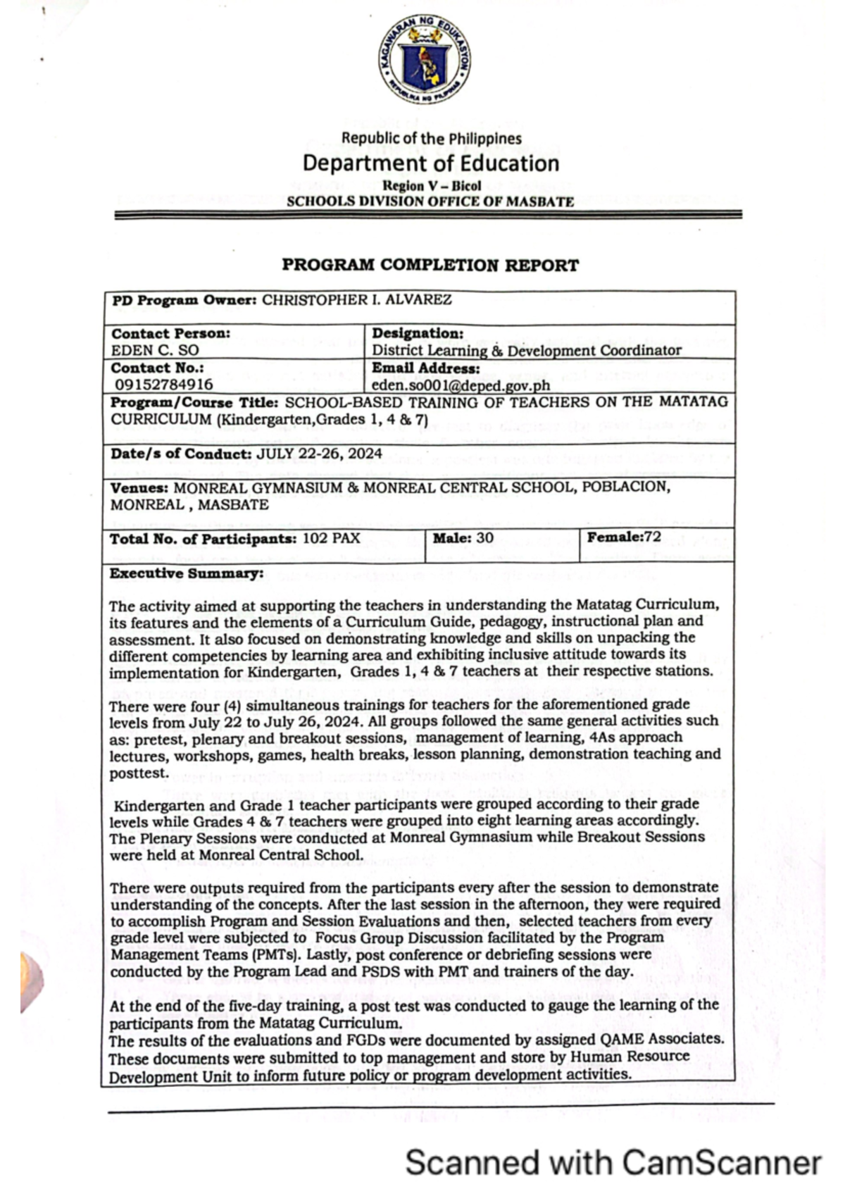 Program Completion Report - NG DEPARTMENT Republic of the Philippines ...